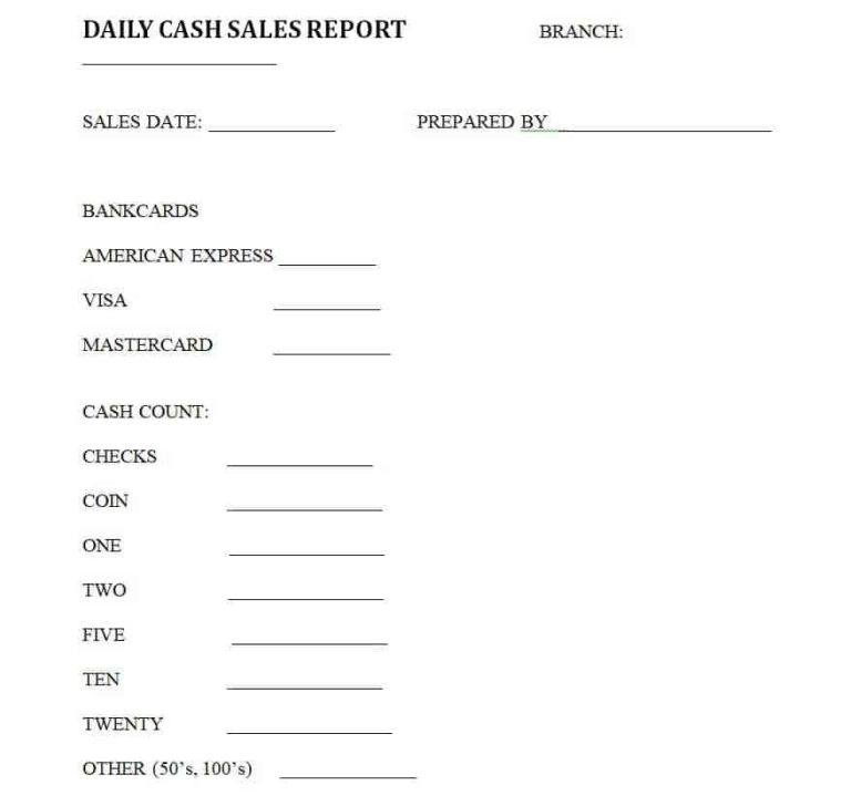 Daily Cash Sales Report Template (2nd Free PDF Form) | Two Package Template