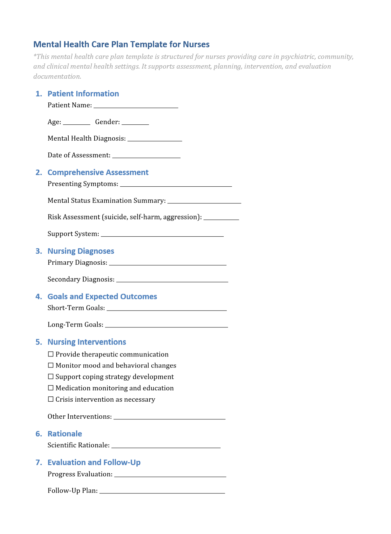 Mental Health Care Plan Template for Nurses (1st Free Word Format ...
