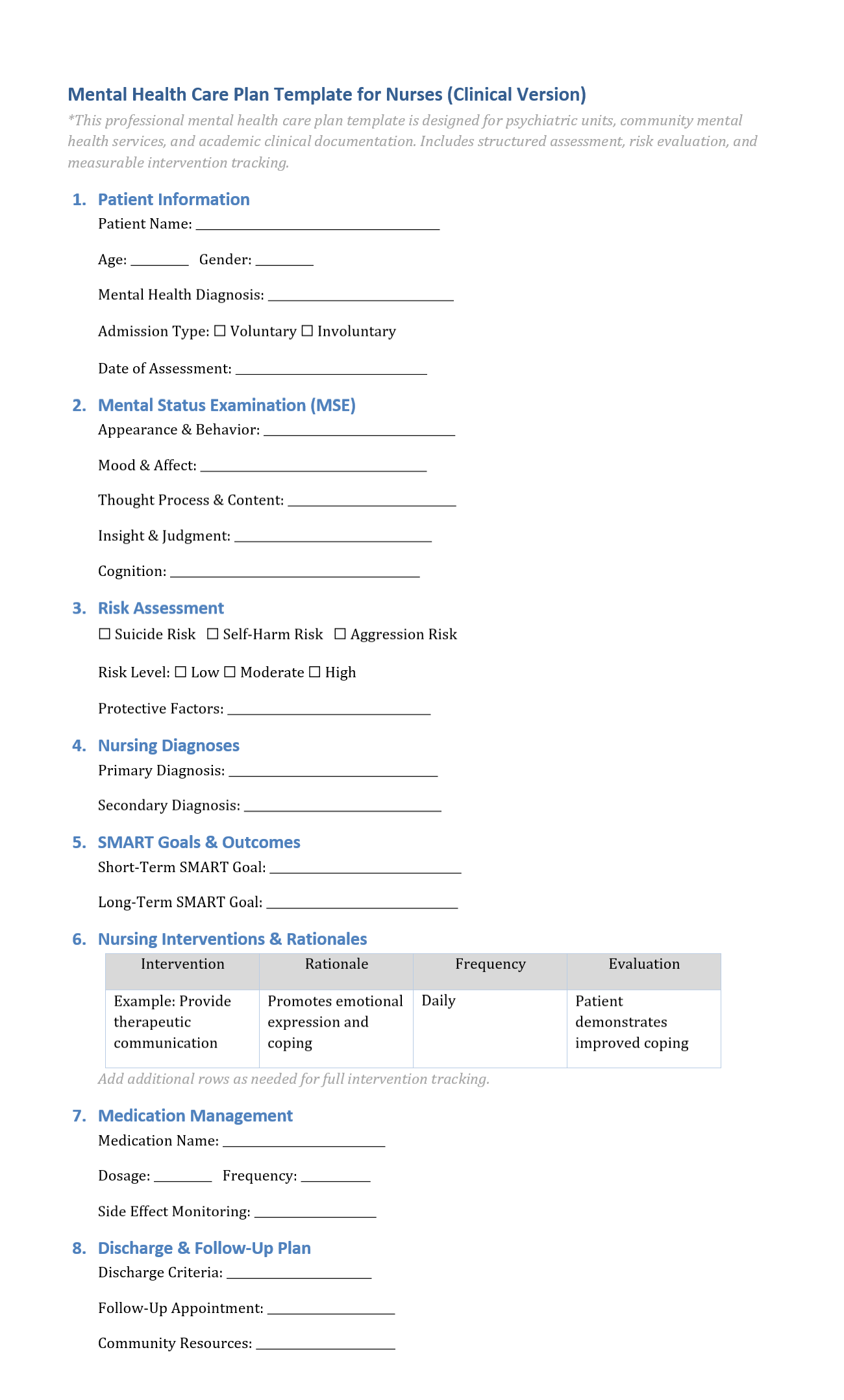 Mental Health Nursing Care Plan Template: 7+ Best Psychiatric Designs