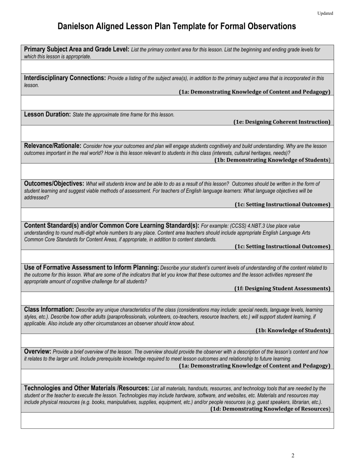 Updated Danielson Aligned Lesson Plan Template for Formal Observations ...